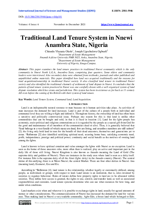 (PDF) Traditional Land Tenure System in Nnewi Anambra State, Nigeria