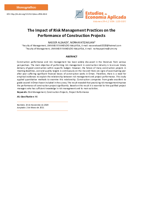 (PDF) The Impact of Risk Management Practices on the Performance of Construction Projects