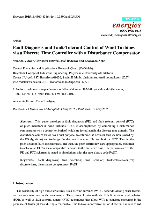 Pdf Fault Diagnosis And Fault Tolerant Control Of Wind Turbines Via A Discrete Time Controller