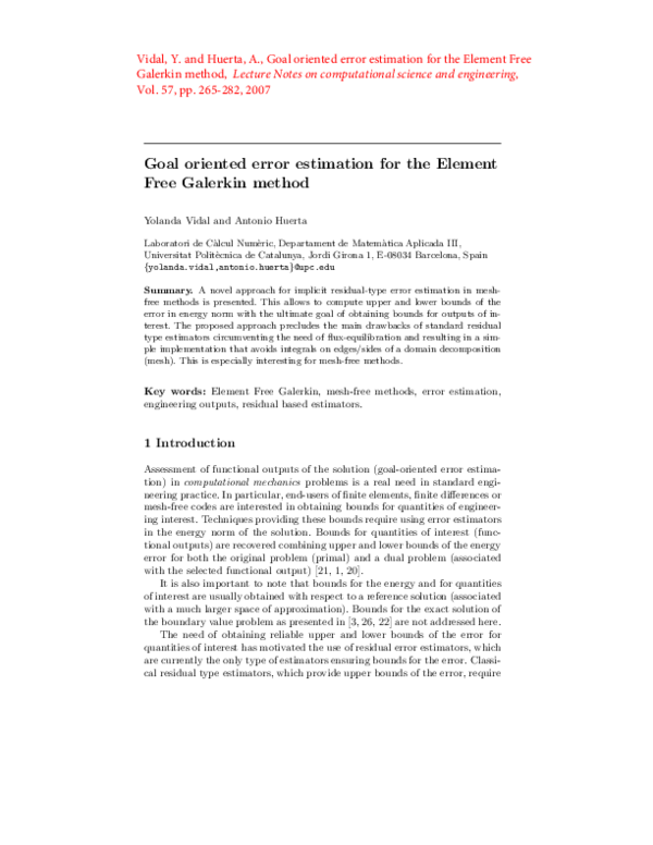 (PDF) Goal oriented error estimation for the element free Galerkin method