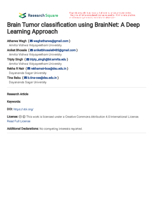 (PDF) Brain Tumor classification using BrainNet: A Deep Learning Approach (PDF) Brain Tumor classification using BrainNet: A Deep Learning Approach