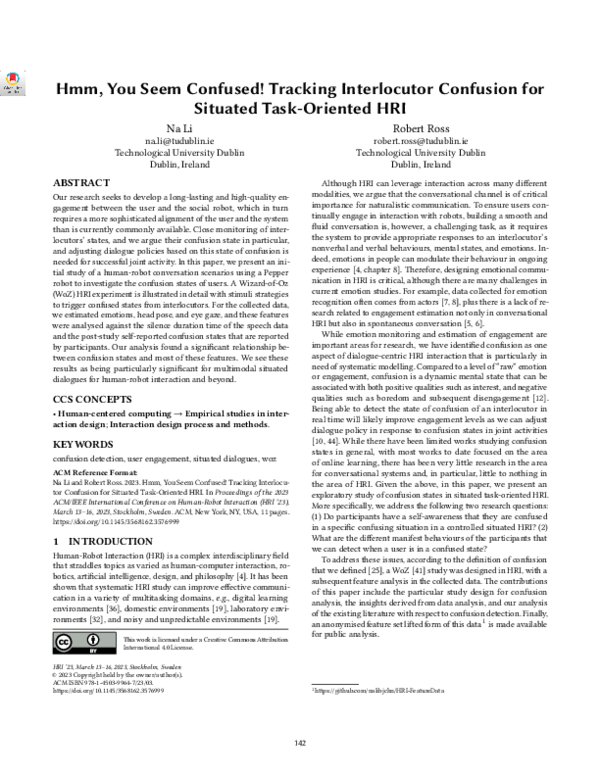 (PDF) Hmm, You Seem Confused! Tracking Interlocutor Confusion for Situated Task-Oriented HRI