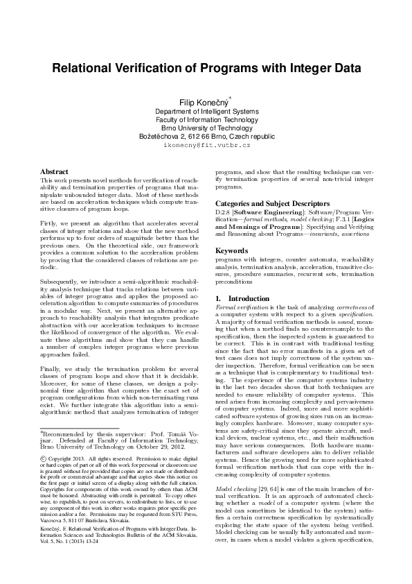 (PDF) Relational Verification of Programs with Integer Data: Monograph (PDF) Relational Verification of Programs with Integer Data: Monograph