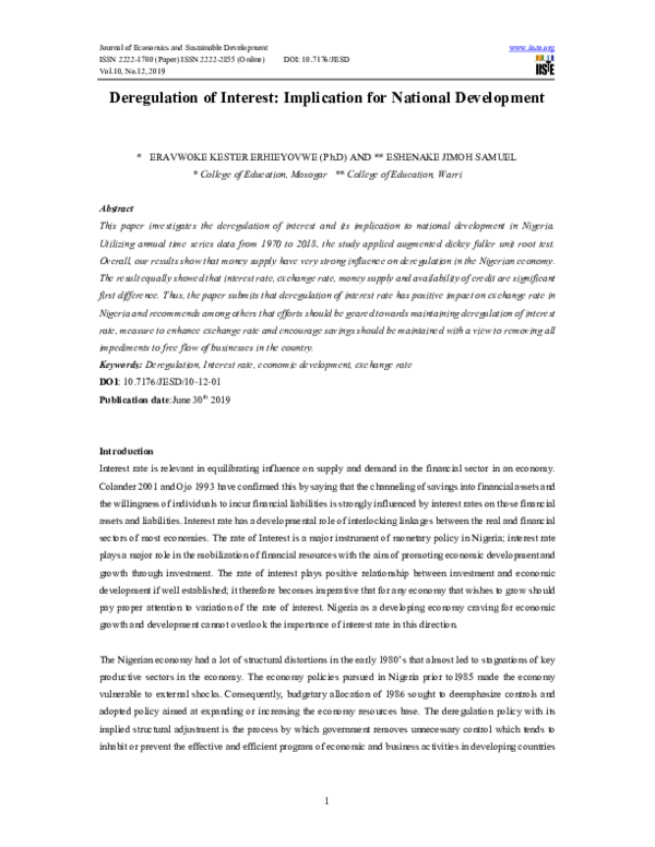 (PDF) Deregulation of Interest: Implication for National Development