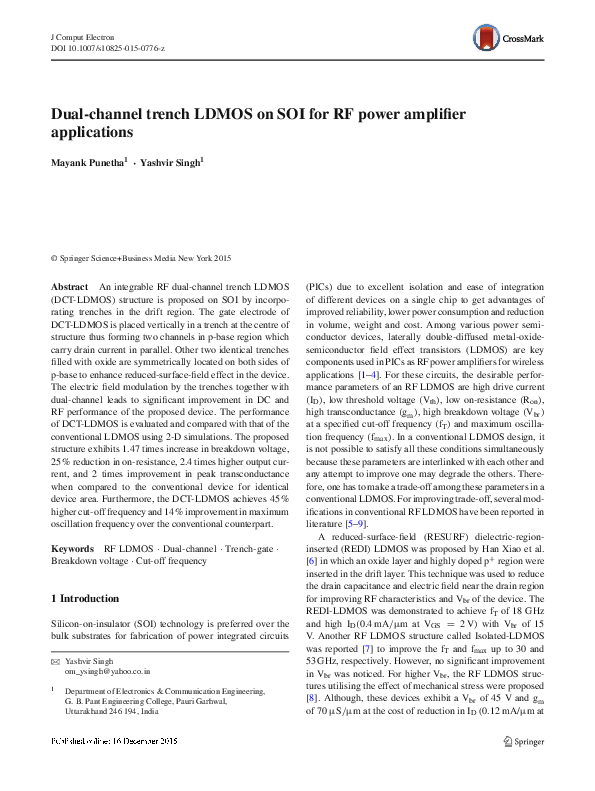 (PDF) Dual-channel trench LDMOS on SOI for RF power amplifier applications