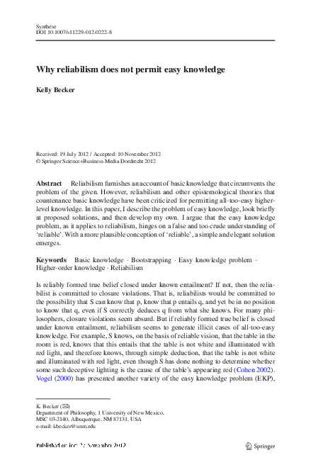 (PDF) Why reliabilism does not permit easy knowledge