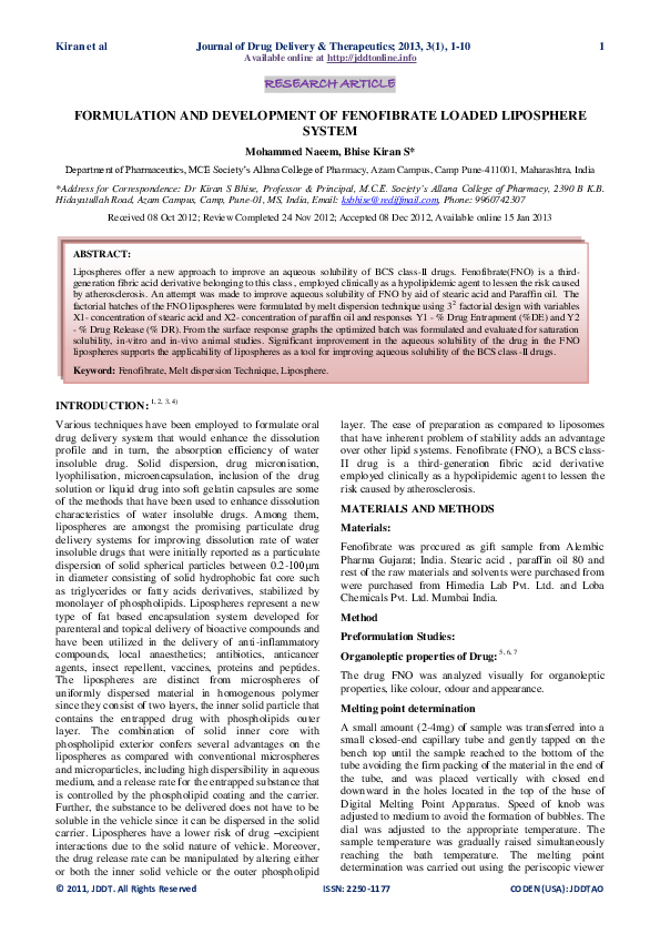 (PDF) Formulation and Development of Fenofibrate Loaded Liposphere System