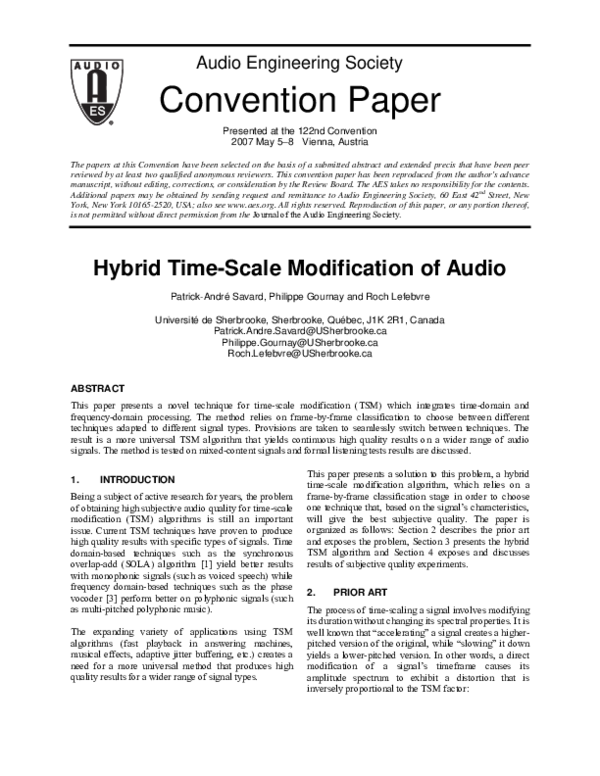 (PDF) Hybrid Time-Scale Modification of Audio