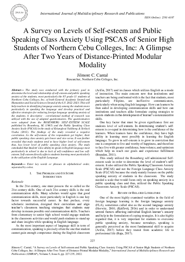 (PDF) A Survey on Levels of Self-esteem and Public Speaking Class ...