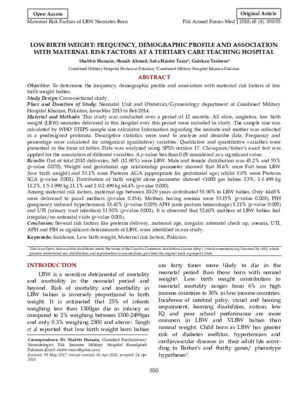 (PDF) Low Birth Weight: Frequency, Demographic Profile and Association ...