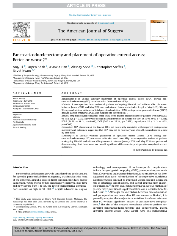 (PDF) Pancreaticoduodenectomy and Placement of Operative Enteral Access ...