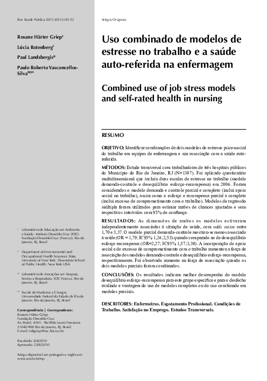 (PDF) Uso combinado de modelos de estresse no trabalho e a saúde auto ...