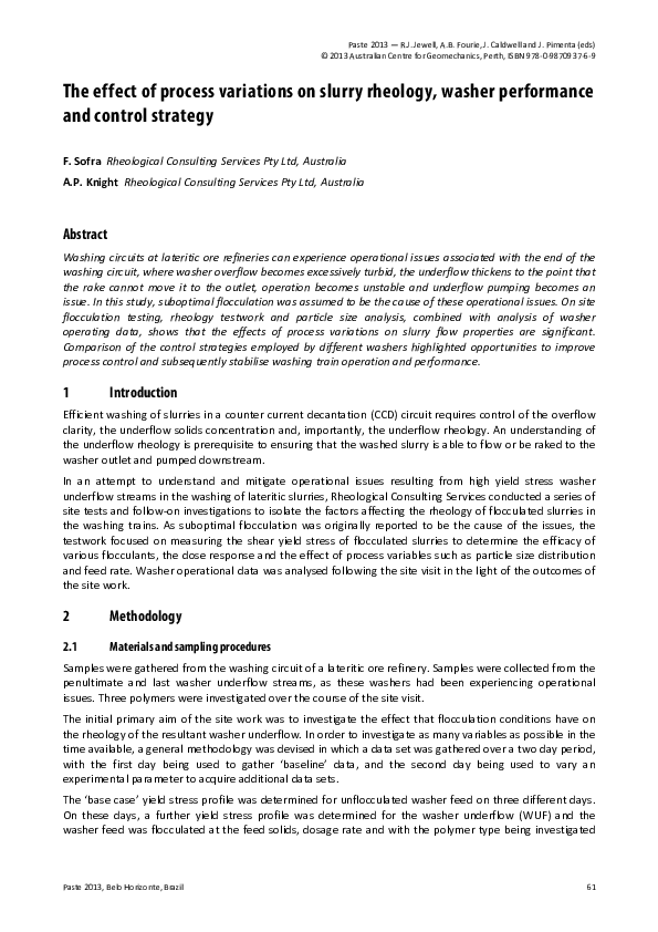 (PDF) The effect of process variations on slurry rheology, washer performance and control strategy