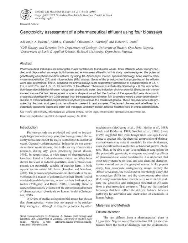 (PDF) Genotoxicity assessment of a pharmaceutical effluent using four bioassays
