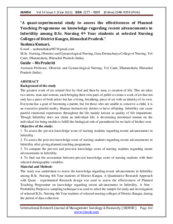 (PDF) "A quasi-experimental study to assess the effectiveness of Planned Teaching Programme on ...
