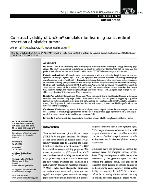 (PDF) Construct validity of UroSim® simulator for learning transurethral resection of bladder tumor