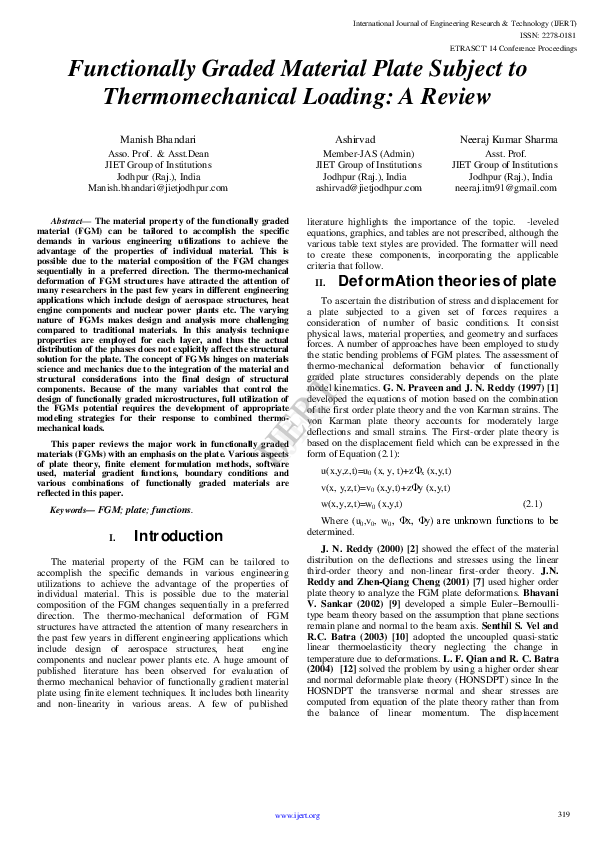 (PDF) Functionally Graded Material Plate Subject to Thermomechanical Loading: A Review