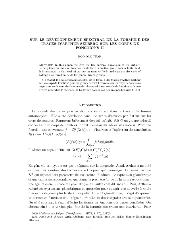 (PDF) Sur le développement spectral de la formule des traces d’Arthur ...