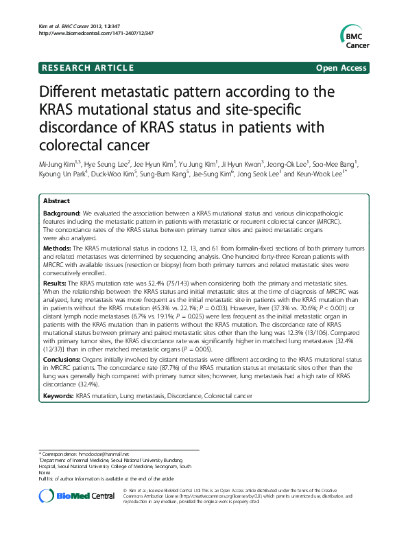 (PDF) Different metastatic pattern according to the KRAS mutational ...