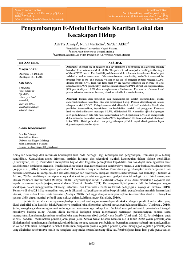 (PDF) Pengembangan E-Modul Berbasis Kearifan Lokal dan Kecakapan Hidup
