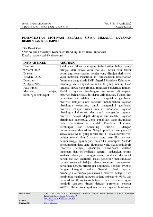 (PDF) Peningkatan Motivasi Belajar Siswa Melalui Layanan Bimbingan Kelompok
