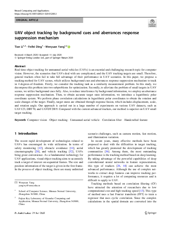 (PDF) UAV object tracking by background cues and aberrances response suppression mechanism