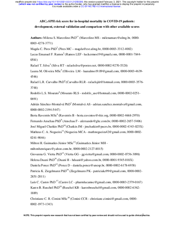 (PDF) ABC2-SPH risk score for in-hospital mortality in COVID-19 patients: development, external ...