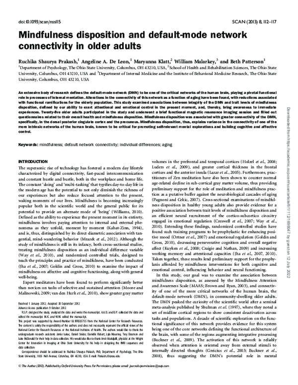 (PDF) Mindfulness disposition and default-mode network connectivity in ...
