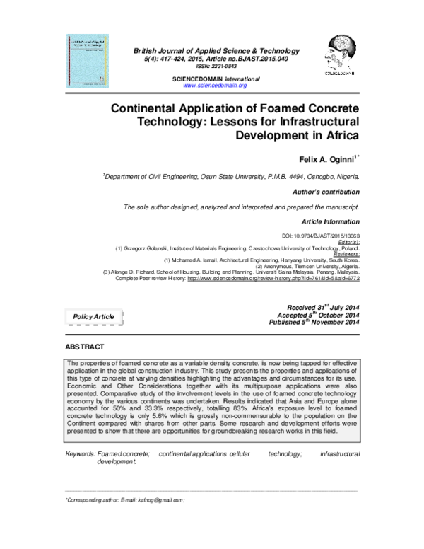 (PDF) Continental Application of Foamed Concrete Technology: Lessons ...
