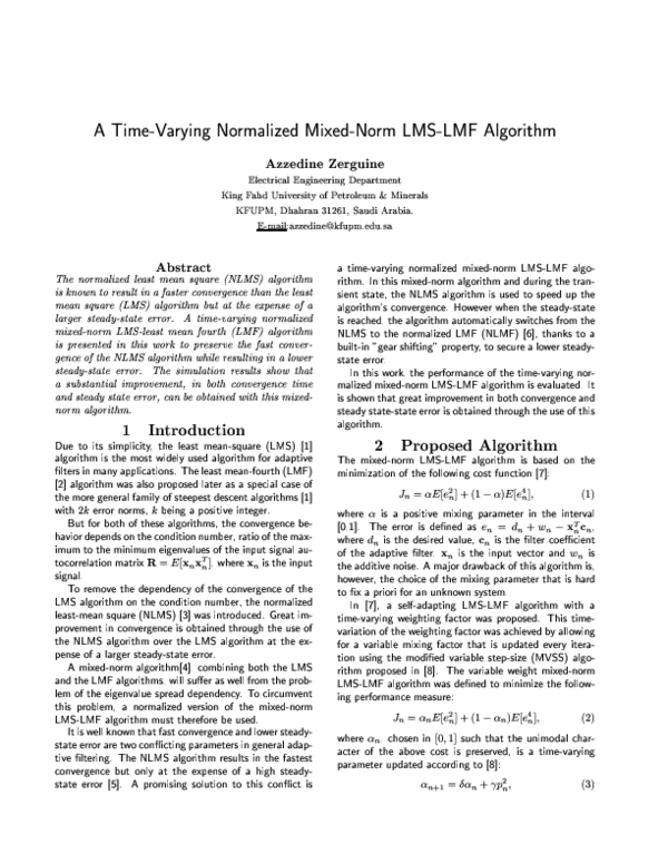 (PDF) A Time-Varying Normalized Mixed-Norm Lms-Lmf Algorithm