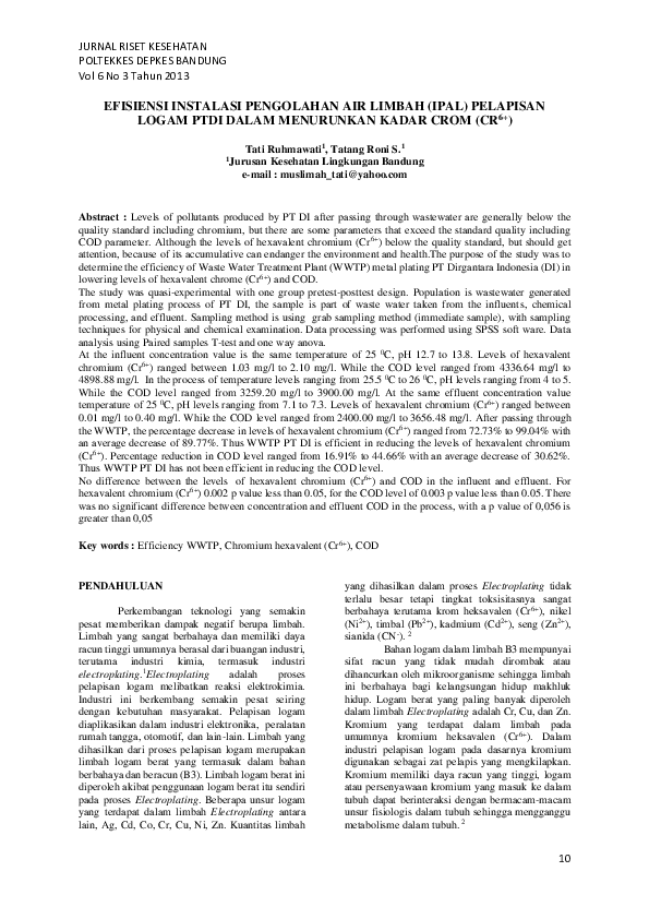 (PDF) Efisiensi Instalasi Pengolahan Air Limbah (Ipal) Pelapisan Logam Ptdi Dalam Menurunkan ...