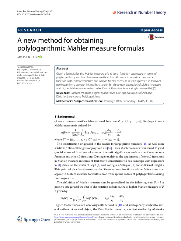 (PDF) A new method for obtaining polylogarithmic Mahler measure formulas
