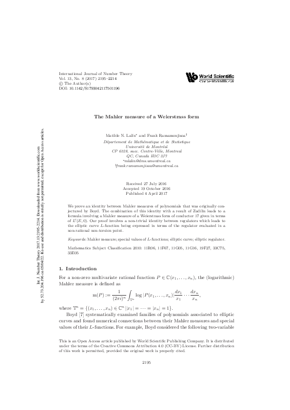(PDF) The Mahler measure of a Weierstrass form | Matilde Lalin ...