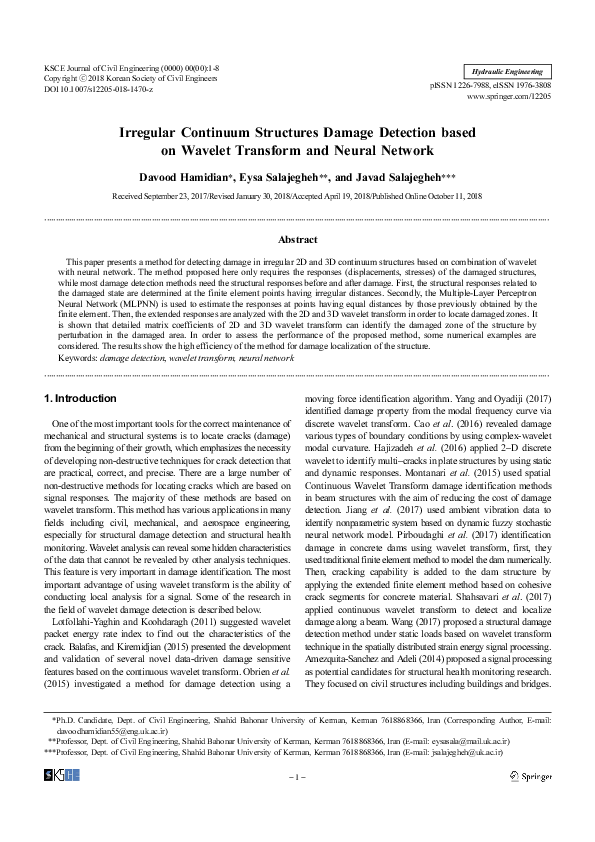 (PDF) Irregular Continuum Structures Damage Detection based on Wavelet Transform and Neural Network