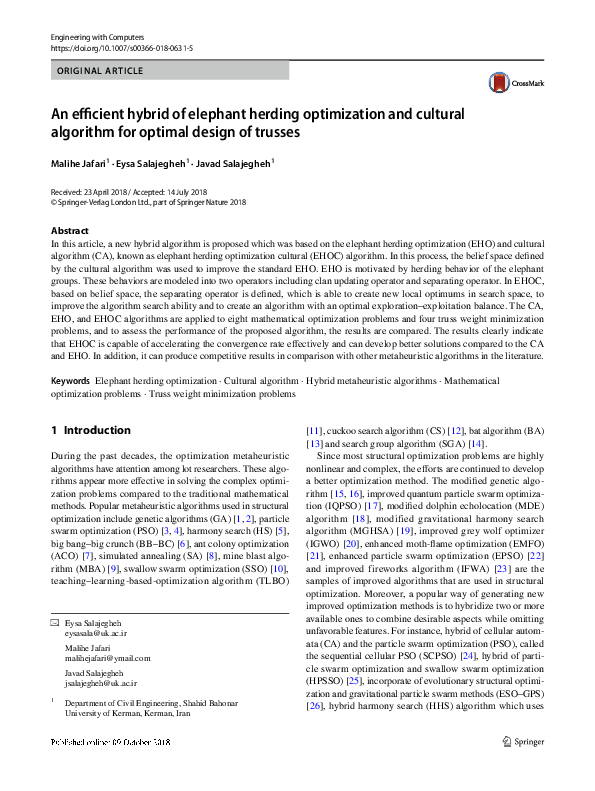 (PDF) An efficient hybrid of elephant herding optimization and cultural algorithm for optimal ...