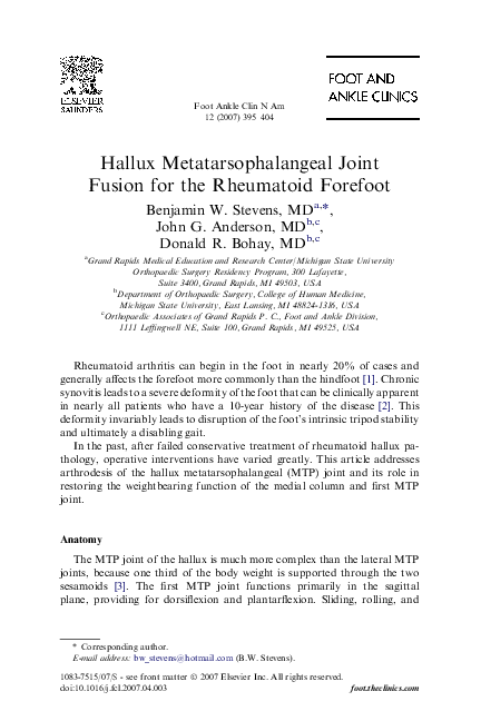 (PDF) Hallux metatarsophalangeal joint fusion for the rheumatoid forefoot