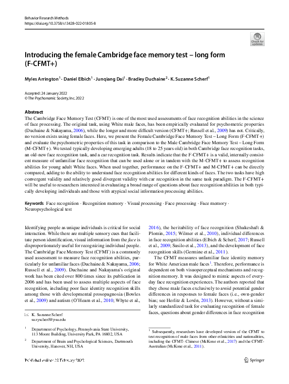 (PDF) Introducing the female Cambridge face memory test – long form (F ...