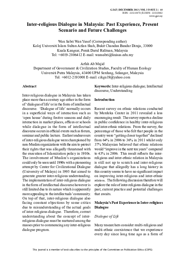(PDF) Inter-religious Dialogue in Malaysia:Past Experience, Present ...