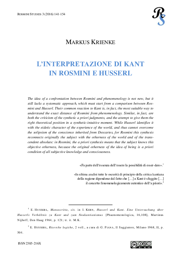 (PDF) L’interpretazione di Kant in Rosmini e Husserl