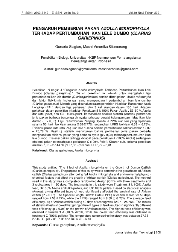 (PDF) Pengaruh Pemberian Pakan Azolla Mikrophylla Terhadap Pertumbuhan Ikan Lele Dumbo (Clarias ...