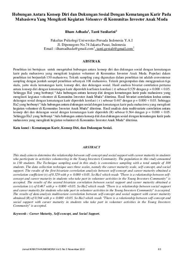 (PDF) Hubungan Antara Konsep Diri dan Dukungan Sosial Dengan Kematangan Karir Pada Mahasiswa ...