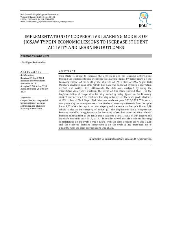 (PDF) Implementation of Cooperative Learning Models of Jigsaw Type in Economic Lessons to ...