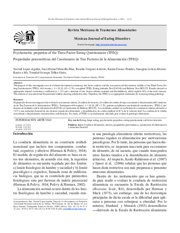 (PDF) Psychometric properties of the Three Factor Eating Questionnaire ...