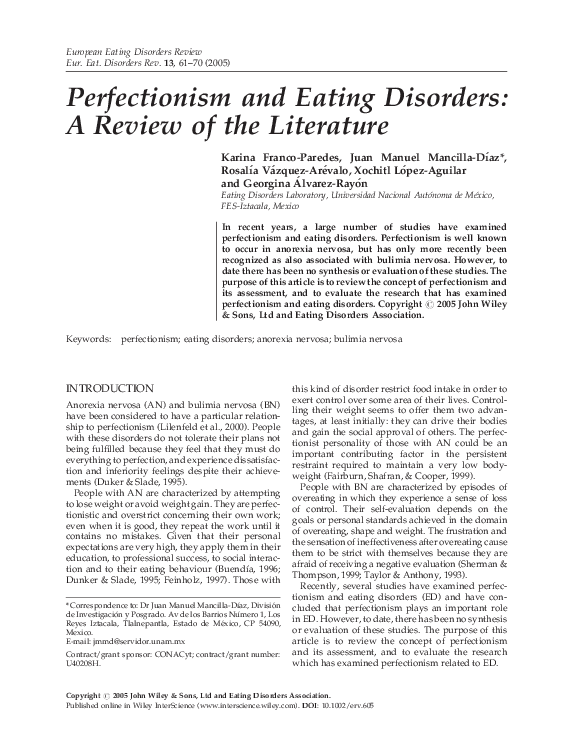 (PDF) Perfectionism and eating disorders: a review of the literature