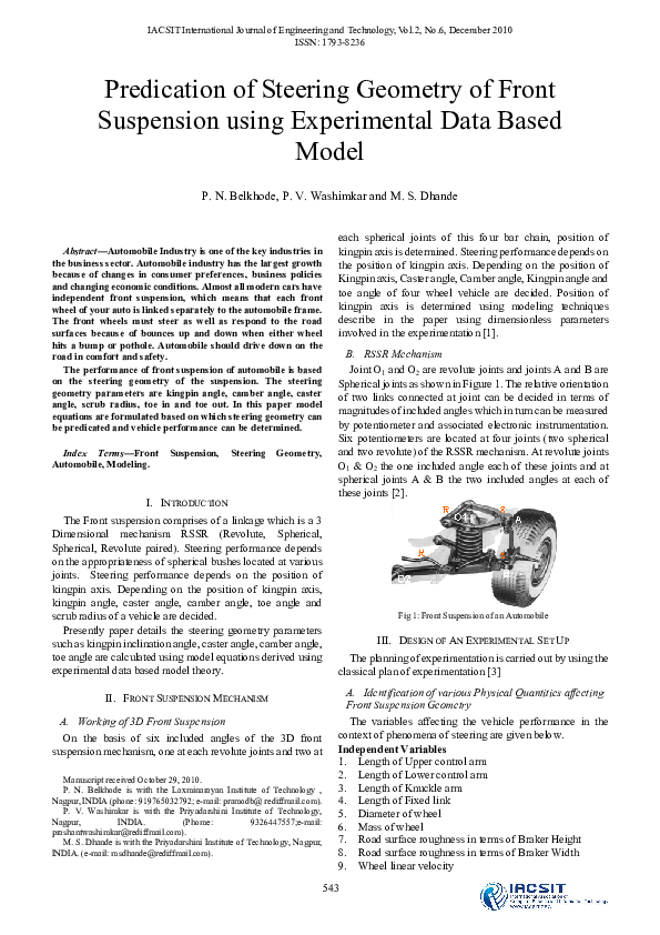 (PDF) Predication of Steering Geometry of Front Suspension using Experimental Data Based Model
