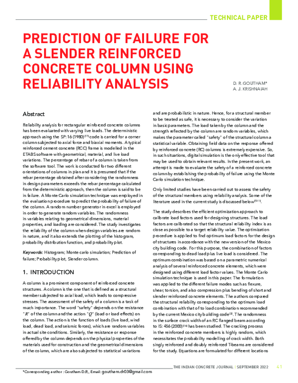 (PDF) PREDICTION OF FAILURE FOR A SLENDER REINFORCED CONCRETE COLUMN USING RELIABILITY ANALYSIS