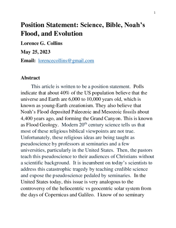 (PDF) Position Statement: Science, Bible, Noah's Flood, and Evolution