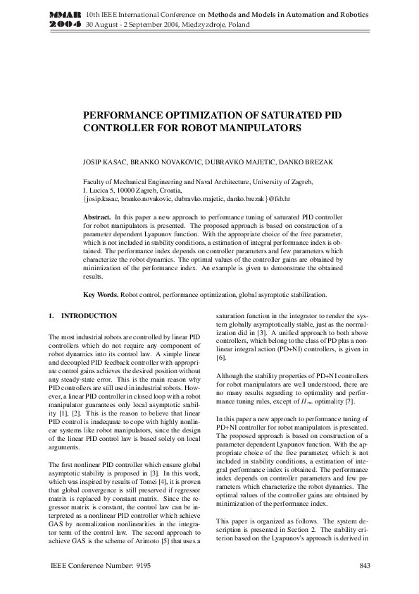 Pdf Performance Optimization Of Saturated Pid Controller For Robot Manipulators