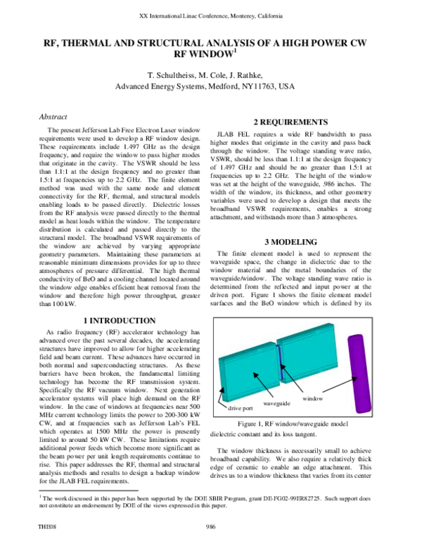 (PDF) RF, Thermal, and Structural Analysis of a High-Power CW RF Window