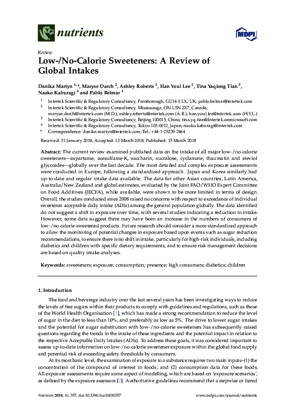 (PDF) Low-/No-Calorie Sweeteners: A Review of Global Intakes